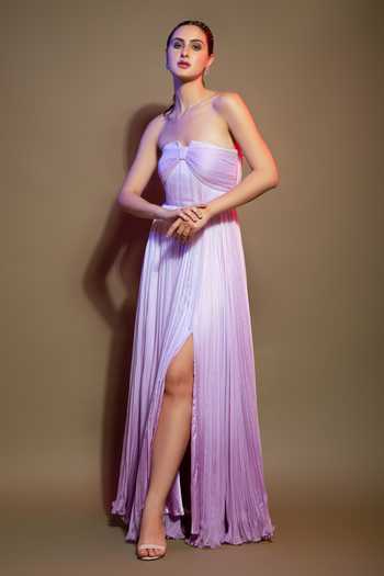 Buy Purple Flat Chiffon Plain Draped Neckline Pleated Gown For Women by ...