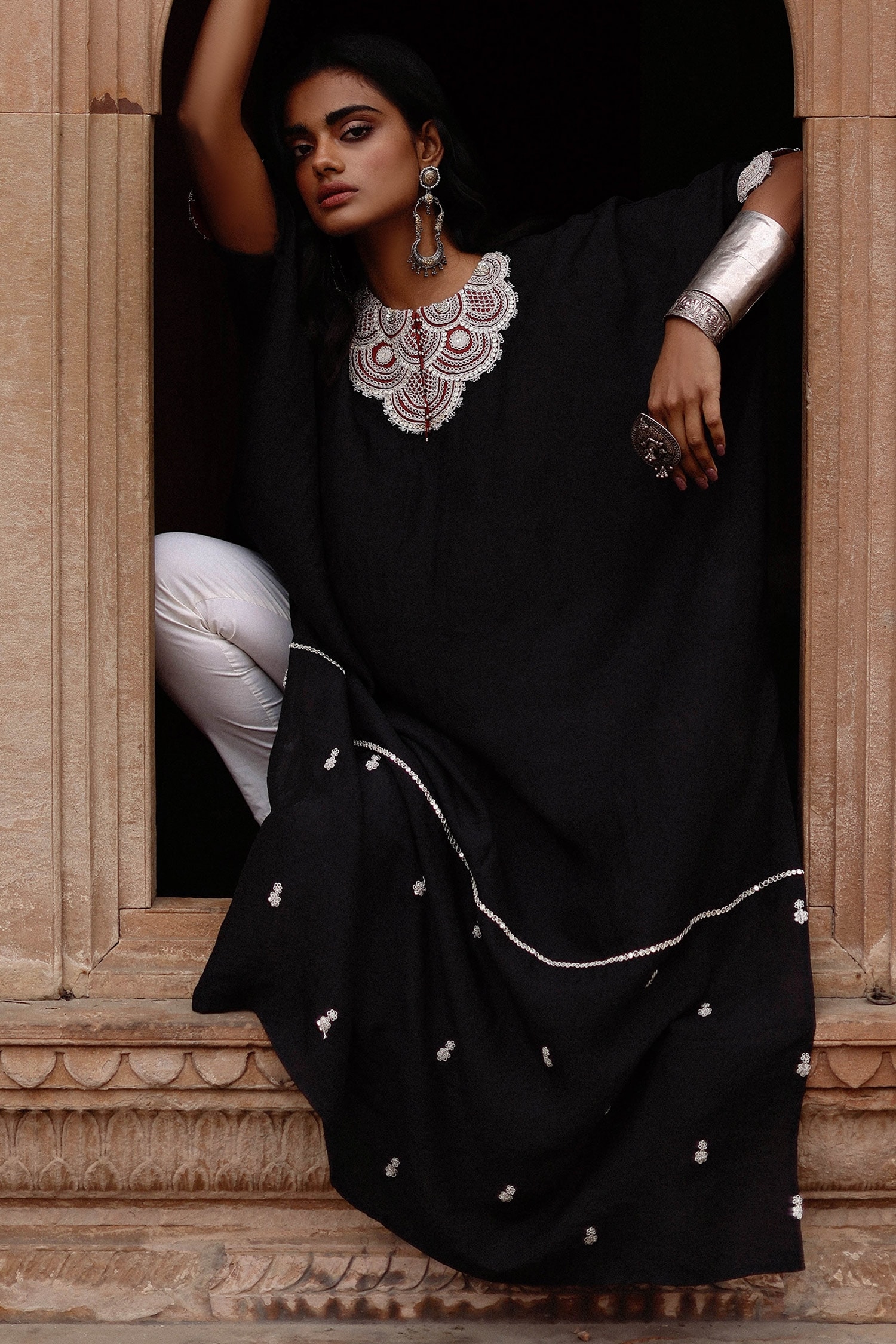 Buy Black Kaftan Silk Embroidered Marodi Round Work With Pant For Women ...