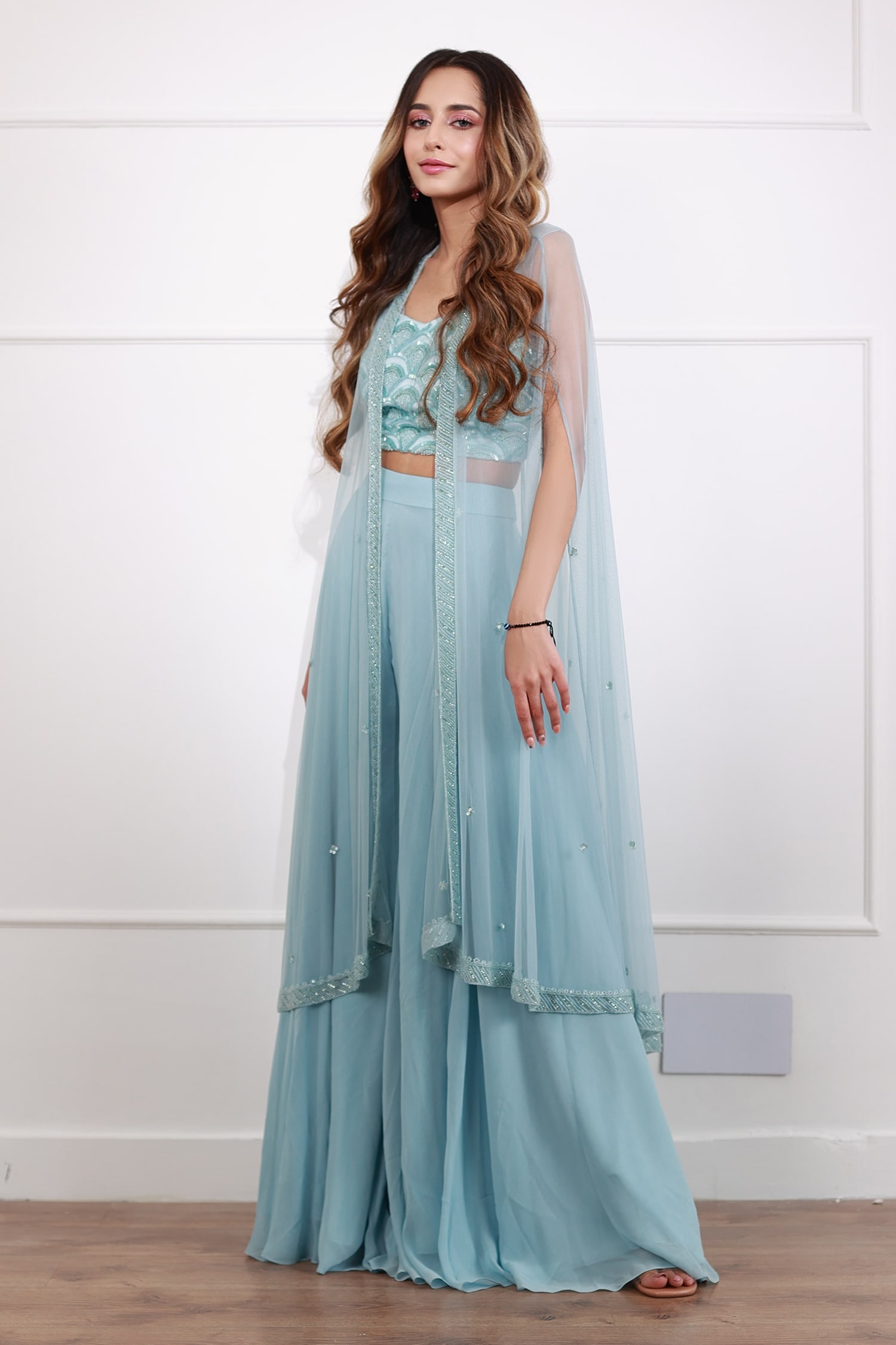 Buy Blue Georgette Embroidered Cutdana Open Sheer Cape Sharara Set For ...