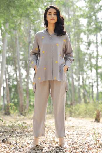 Buy Grey Sustainable Rayon Embroidered Floral Collared Neck Shirt For ...