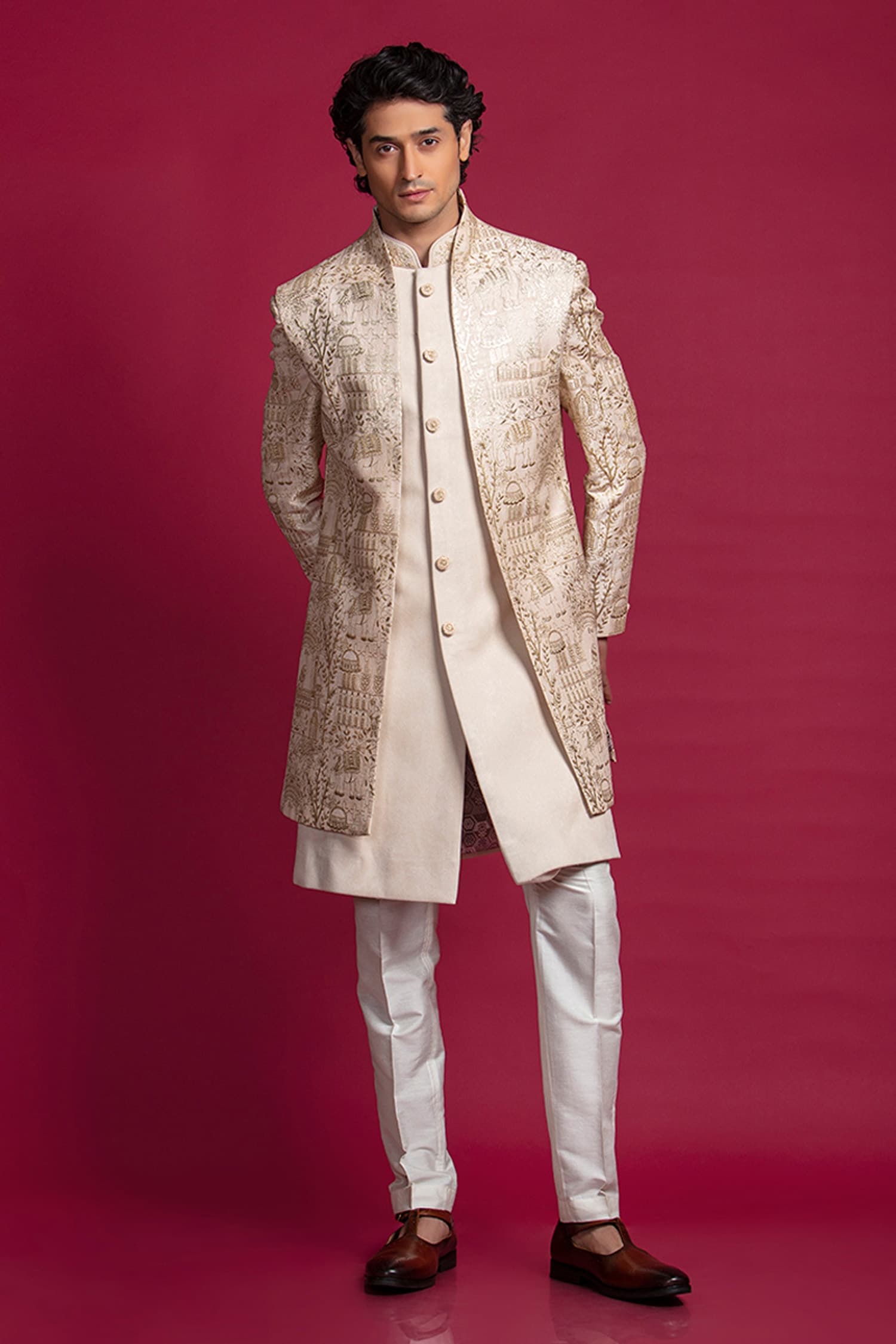 Buy Ivory Suede Velvet Printed Abstract Front-open Sherwani Set For Men ...