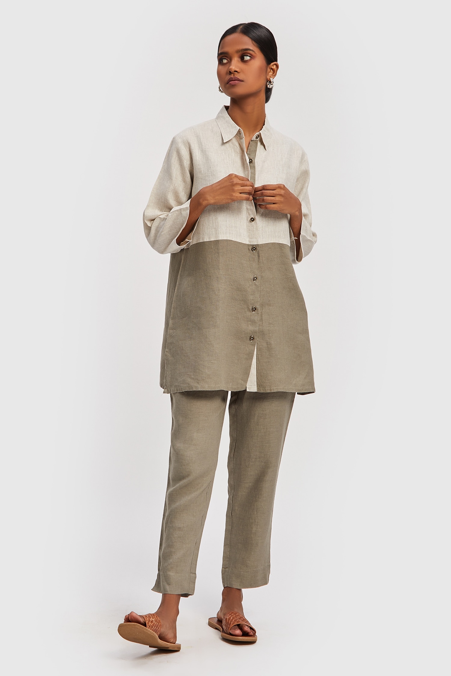 Buy Reistor Green Hemp Twice As Nice Panelled Shirt Online | Aza Fashions