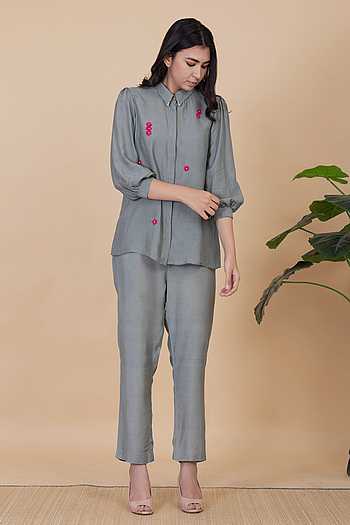 Buy Green All Weather Pure Silk Embroidery Leilah Work Shirt And Pant ...