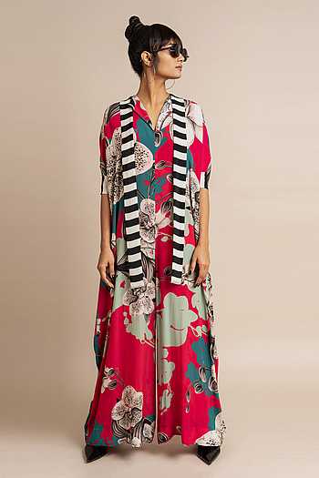 Buy Magenta Crepe Digital Print Floral Pattern Flower Kaftan Jumpsuit ...