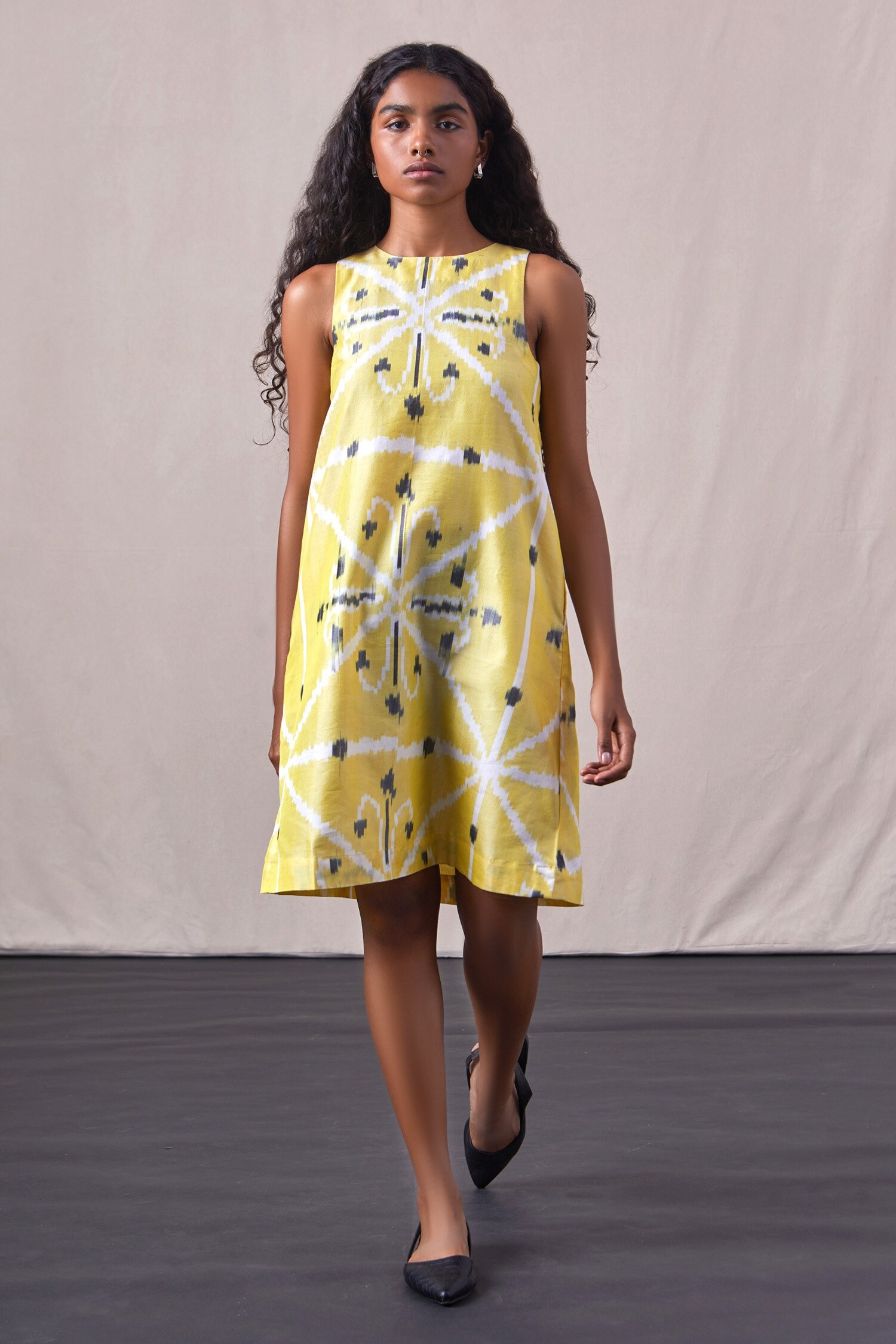 Buy Yellow Silk Cotton Woven Ikat Round Kalai Dress For Women by The ...