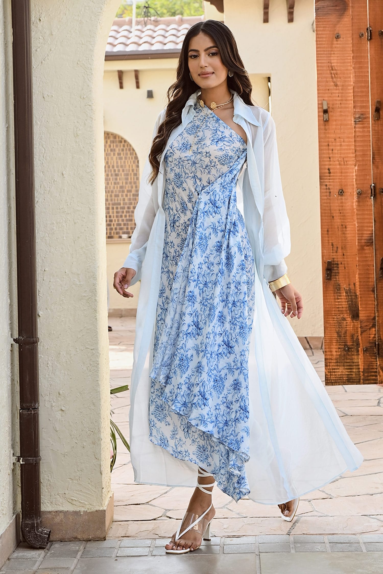 Buy Blue Pure Crepe And Organza Print Floral Samara Jacket With Dress ...