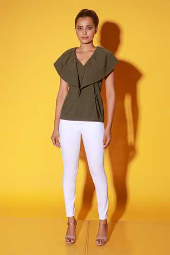 Buy Green Cotton Blend Solid V Neck Overlay Draped Top For Women by ...
