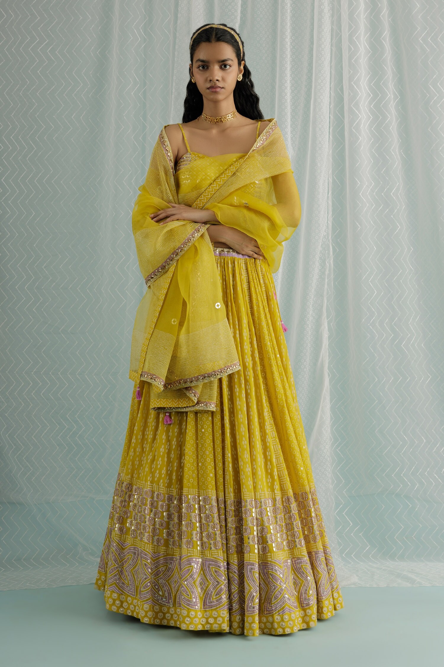 Buy Surbhi Gupta Yellow Aria Hand Block Print Lehenga Set Online Aza