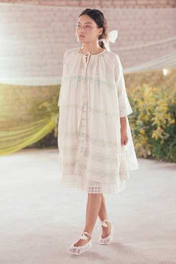 Buy Off White Handwoven Handloom Cotton Hand Block Print Scilla Dress ...