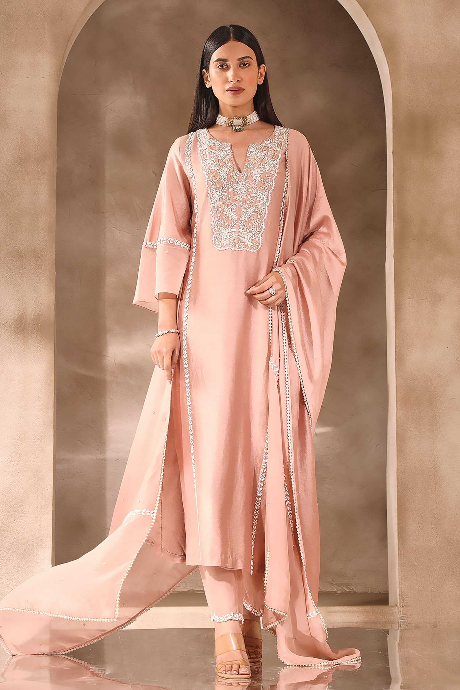 Buy Pink Chanderi Embroidery Anchor Threads Floral Neckline Kurta Set For Women by Seema Thukral ...