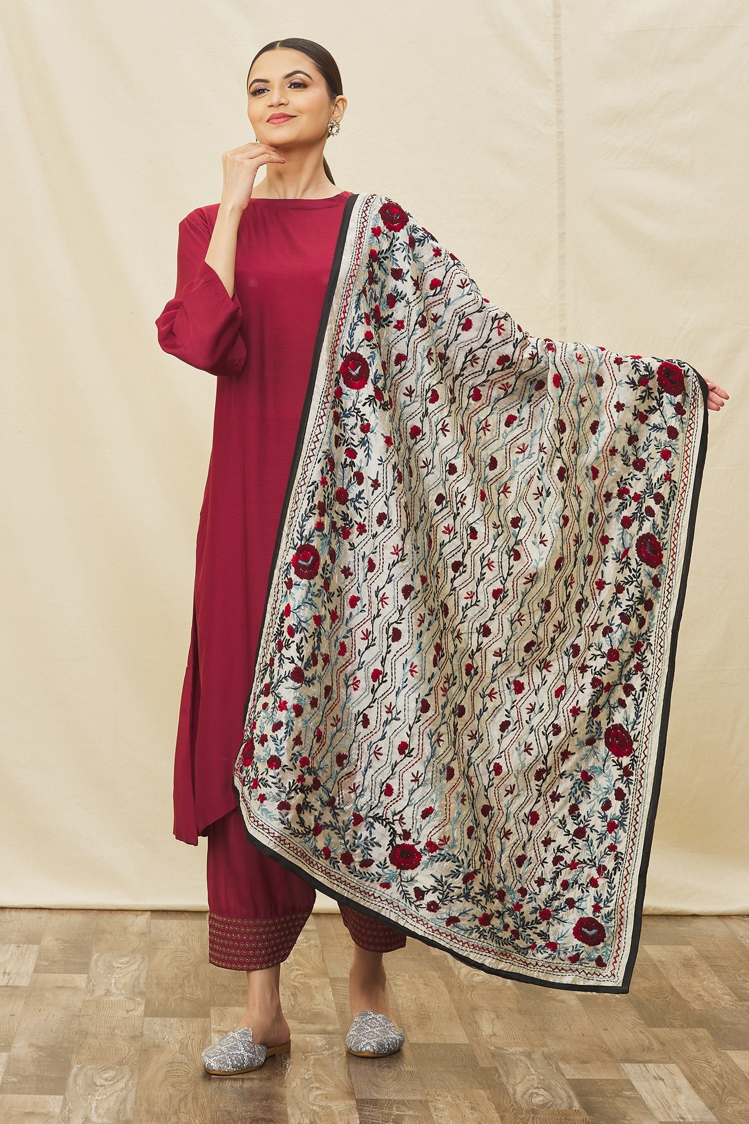 Buy Multi Color Silk Embroidered Chevron And Floral Pattern Dupatta For ...