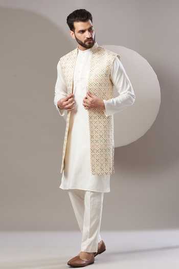 Buy Kasbah White Chanderi Embroidered Long Nehru Jacket Online | Aza ...