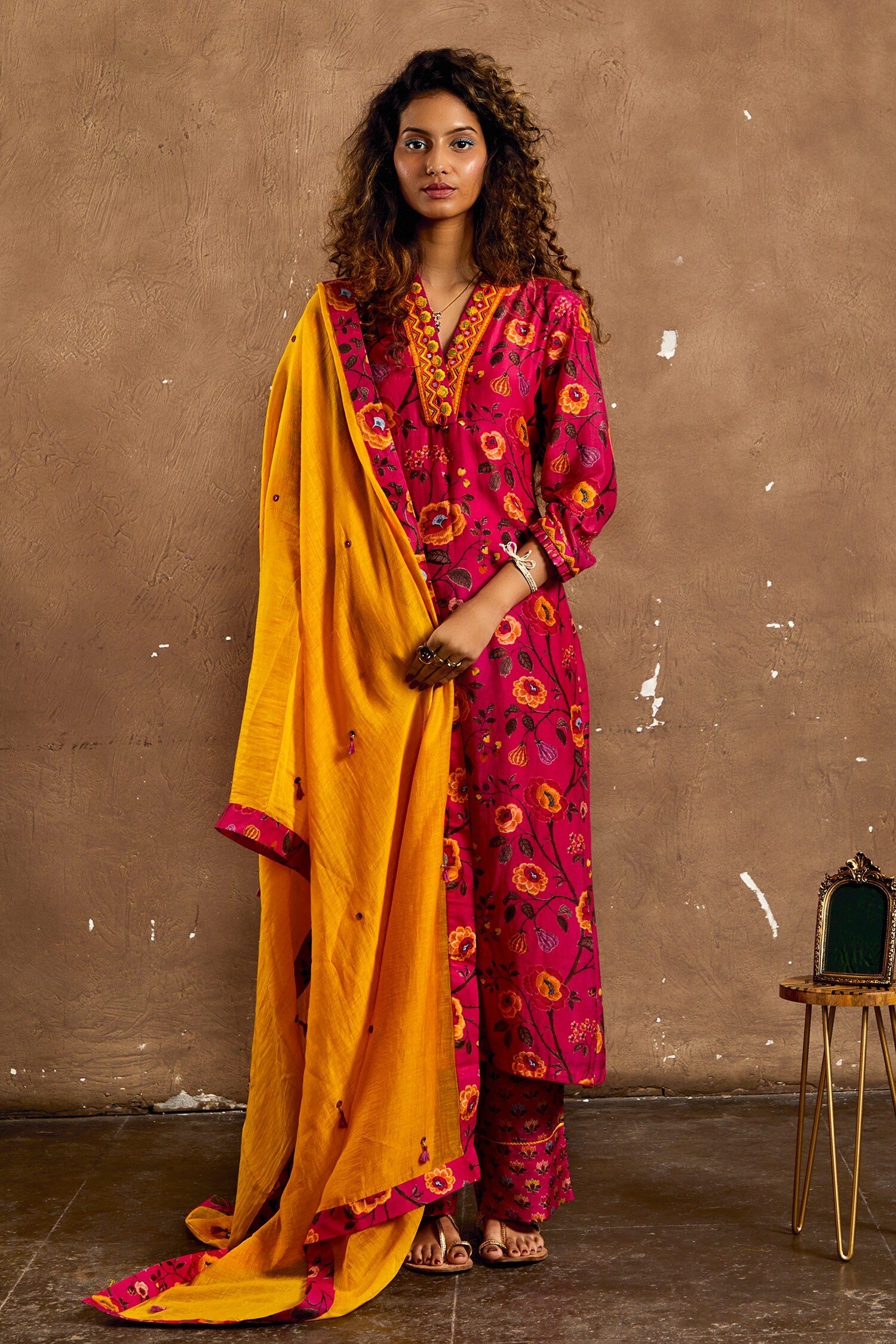Buy Pink Kurta And Pant: Cotton Silk Printed Set With Chanderi Dupatta ...