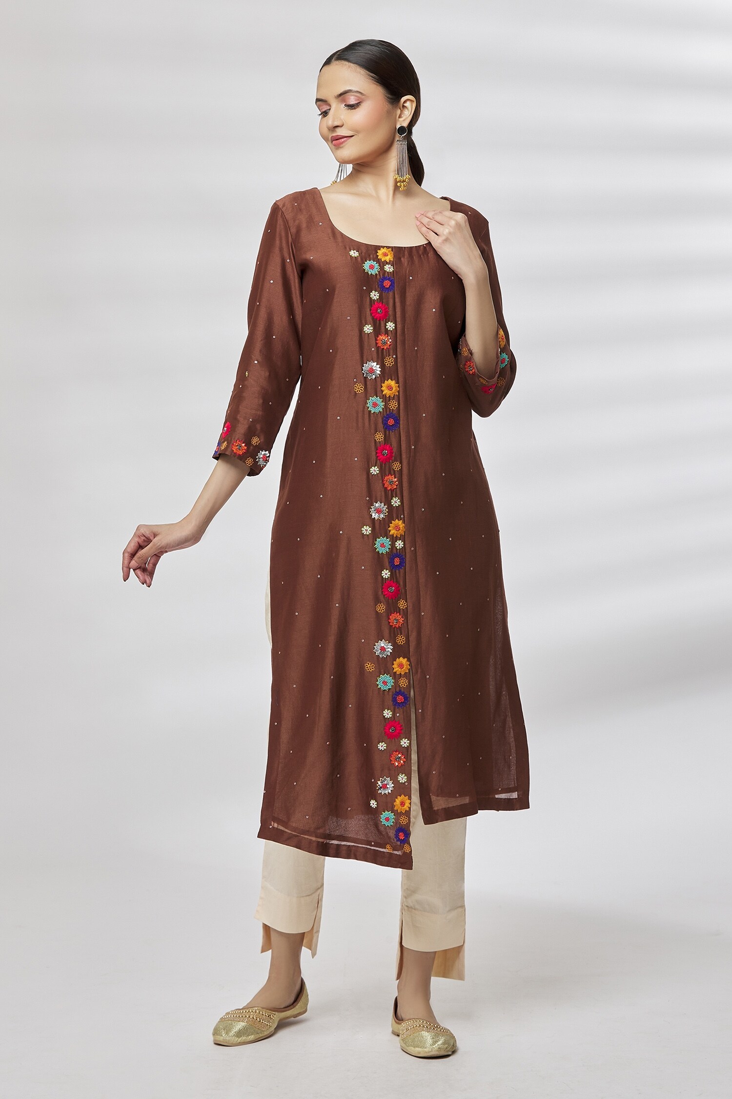 Buy Kasturi Tikmani Brown Chanderi Floral Pattern Straight Kurta Online ...