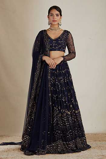 Buy Astha Narang Blue Net Metallic Floral Embroidered Lehenga Set ...