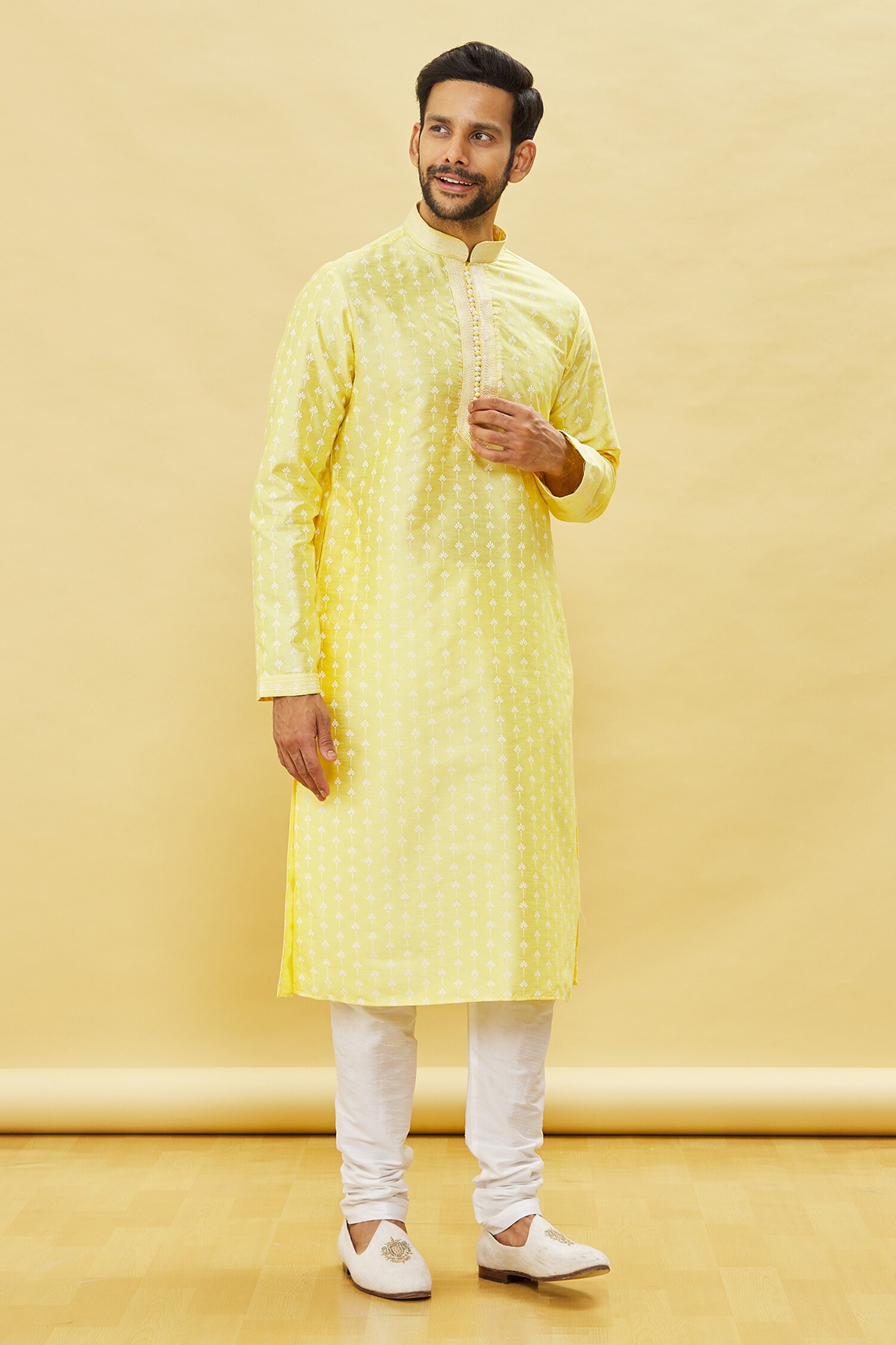 Buy Yellow Silk Printed Floral Scatter Kurta Churidar Set For Men by ...
