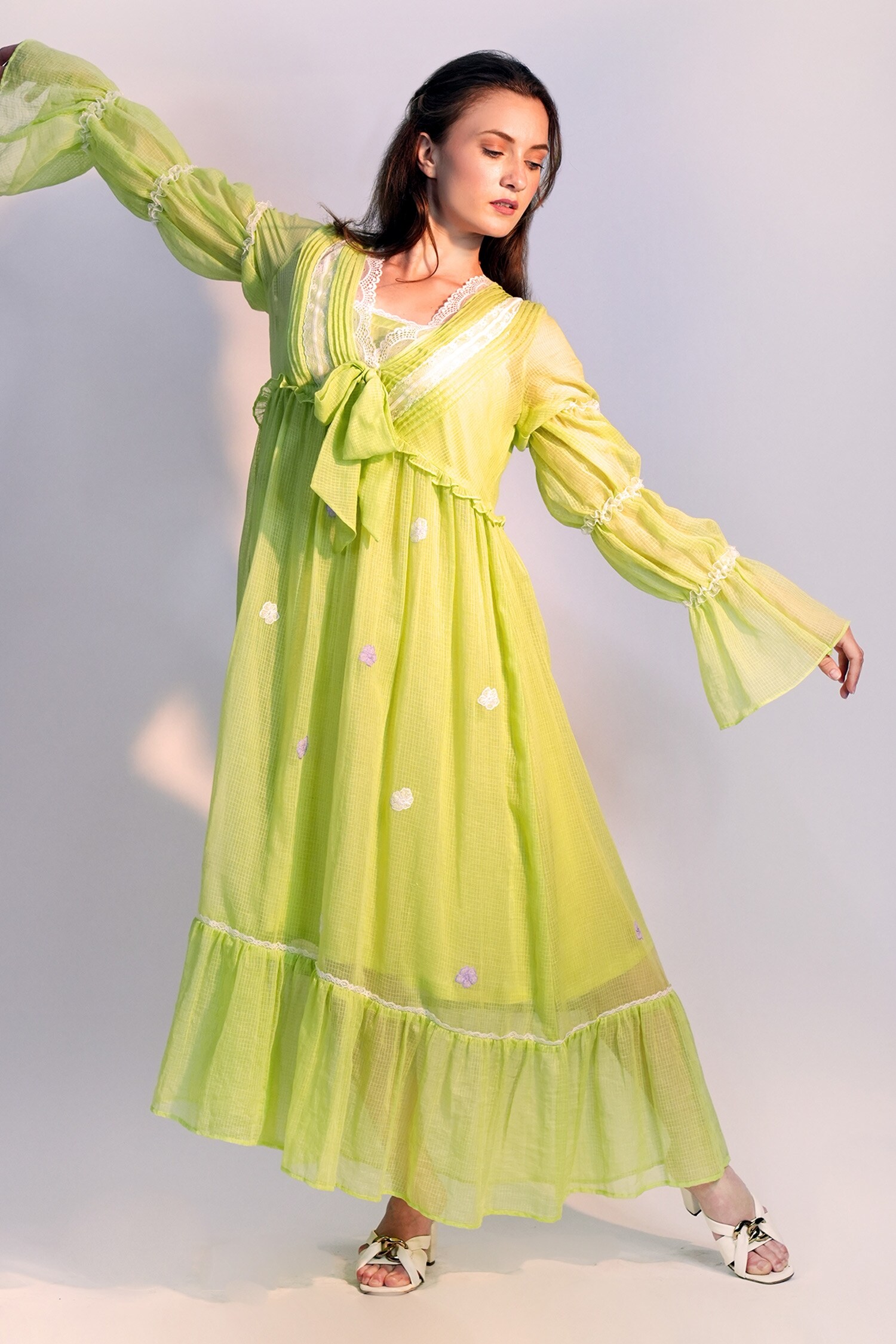 Buy Jyoti Bansal Green Kota Doriya Tea Date Pleated Bodice Maxi Dress ...