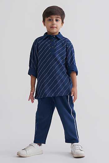 Buy Blue Melange Stripes Side-striped Pant For Boys by Three Online at ...