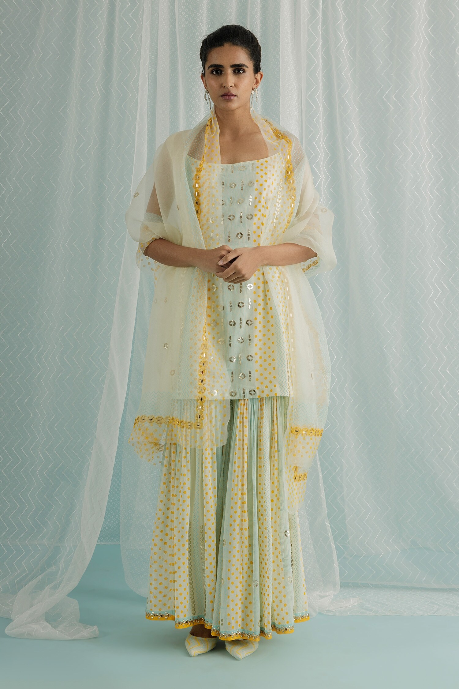 Buy Ivory Kurta And Sharara: Georgette Block Print Sequin Embroidered ...
