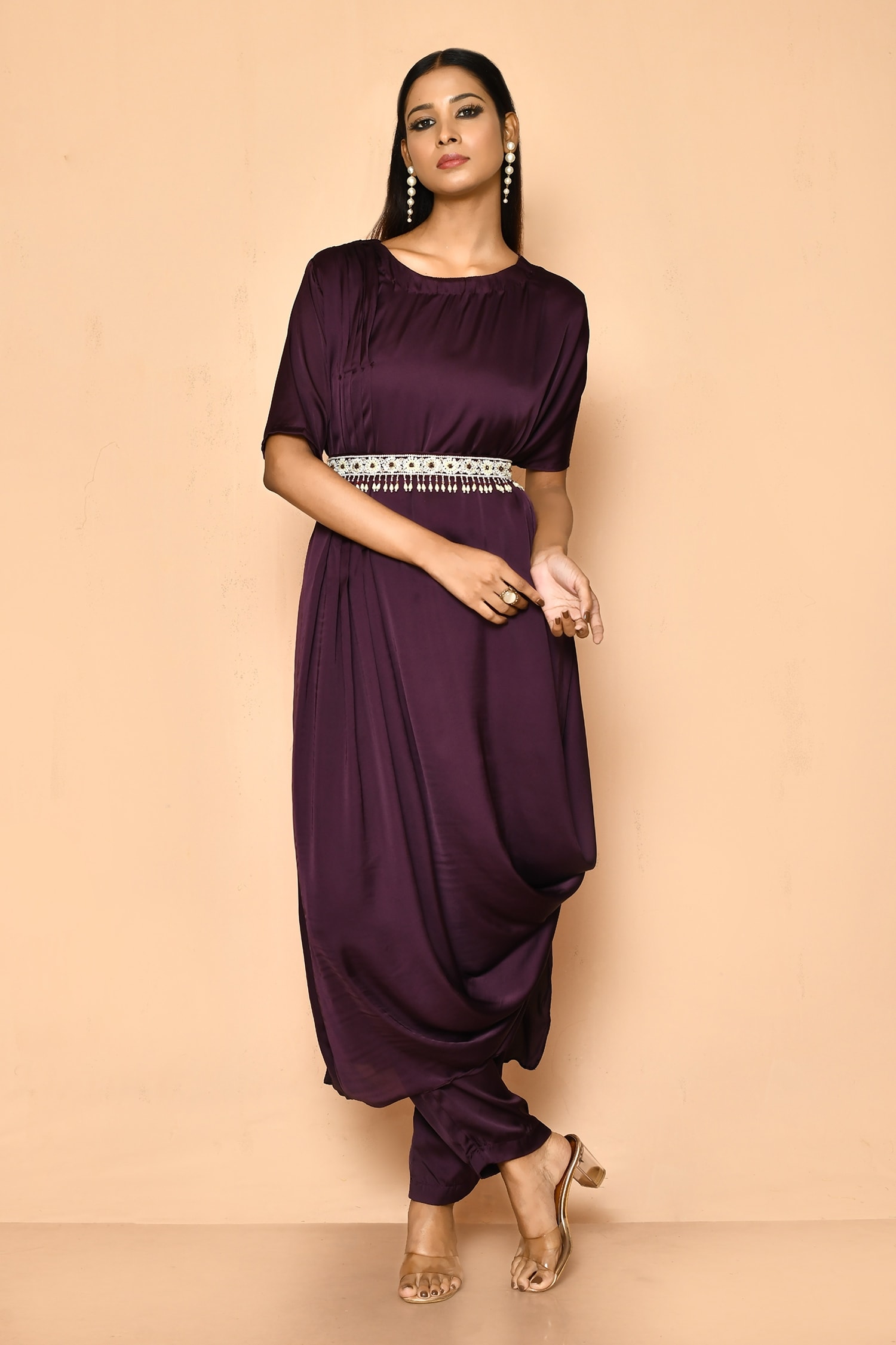 Buy Wine Satin Plain Round Solid Draped Tunic Pant Set For Women by ...