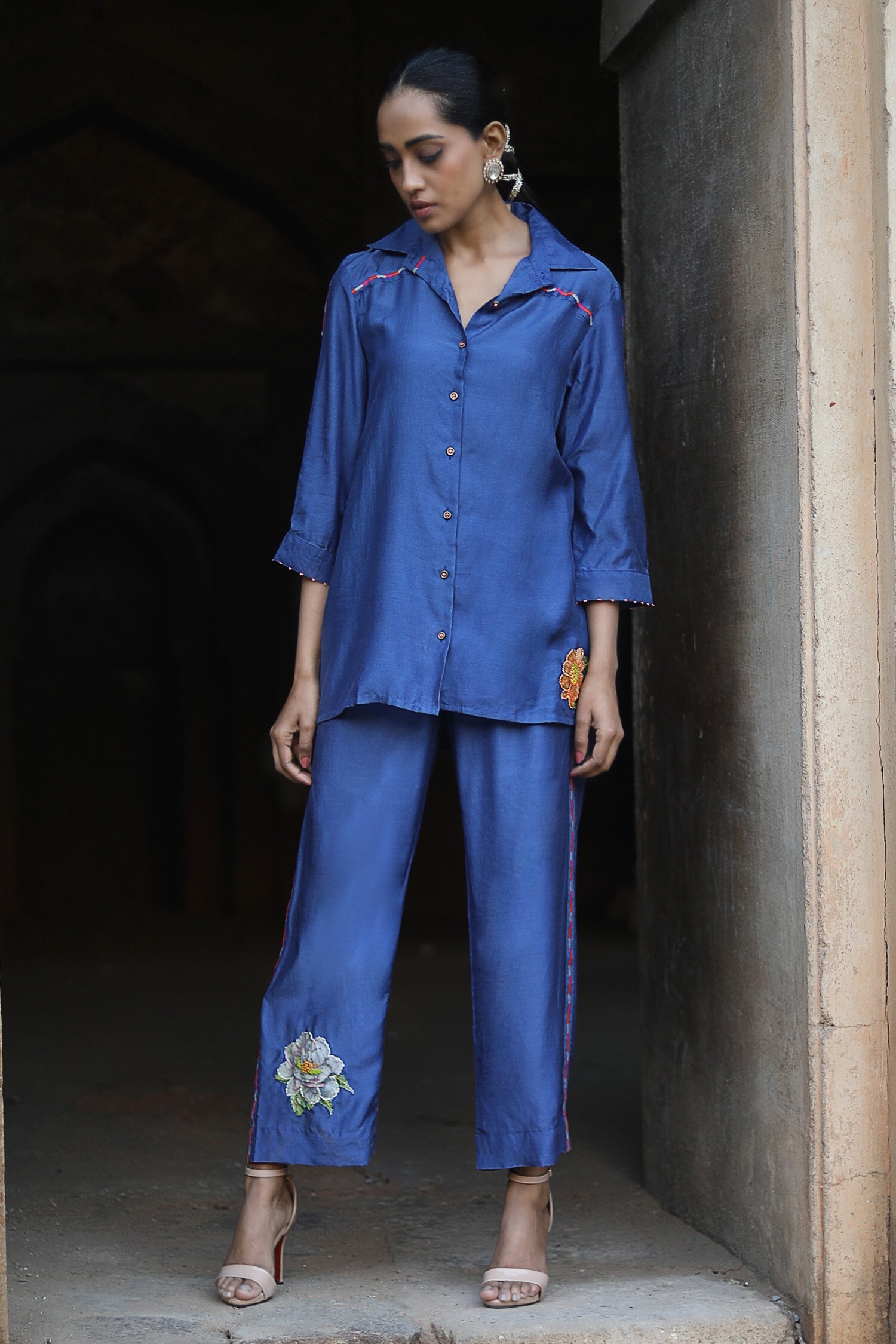 Buy Blue Silk Voile Embroidery Thread Work And Floral Detail & Pant Set ...