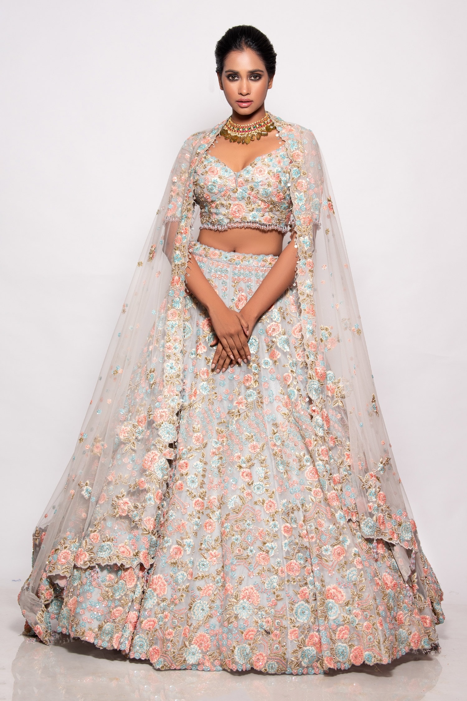 Buy Pallavi Poddar Blue Organza Purnima Resham Embroidered Lehenga Set ...