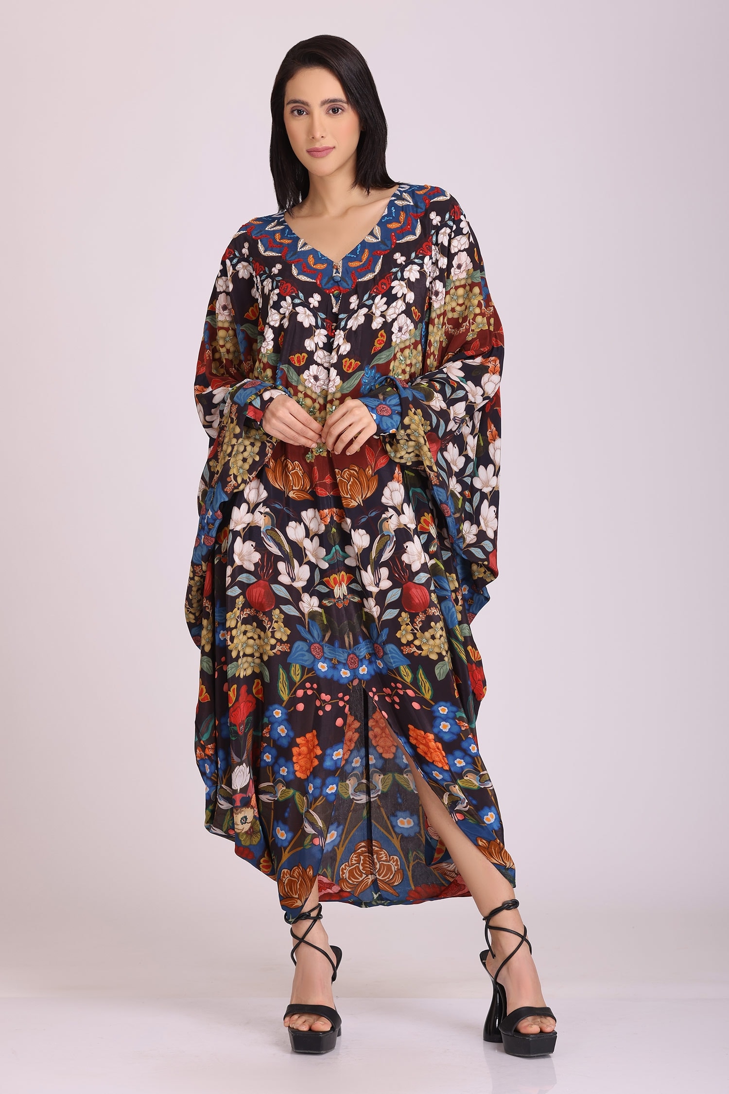 Buy Alpona Designs Multi Color Natural Crepe Printed V Neck Dress ...