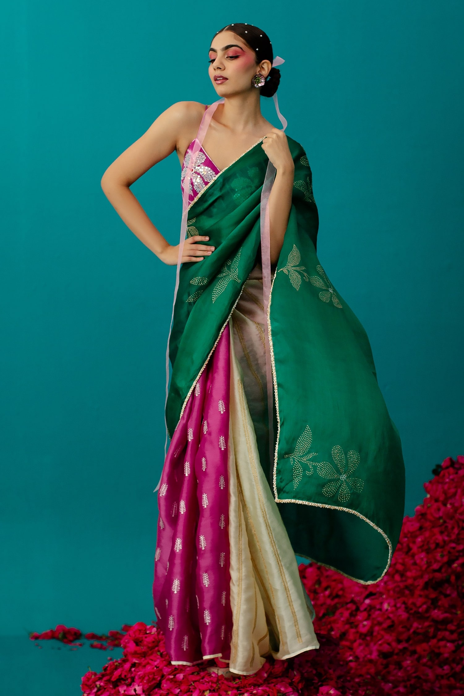 Buy Pink Pearl Colorblock Embroidered Saree For Women by Latha Puttanna ...