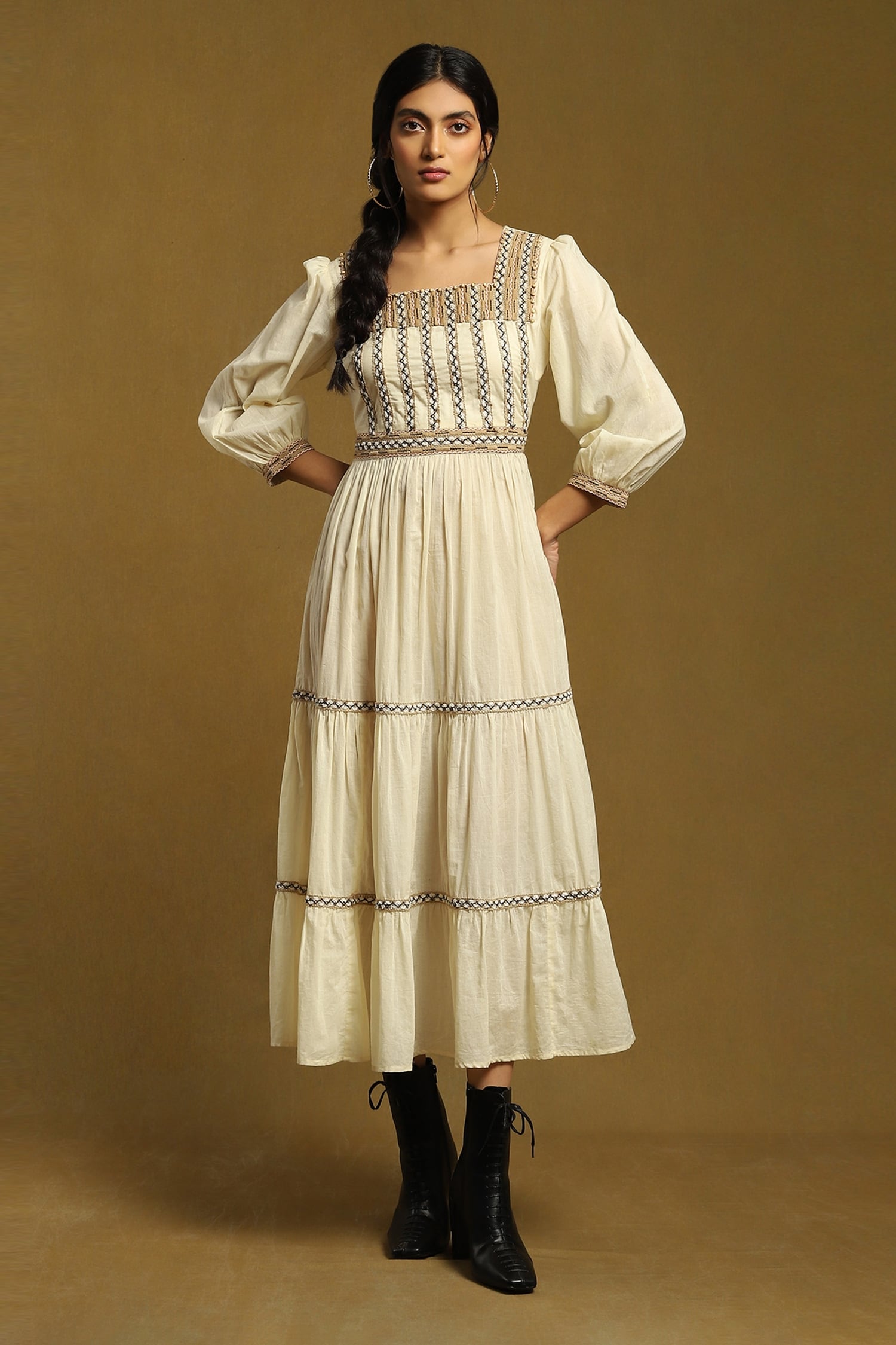 Buy Ritu Kumar Off White Stripe Pattern Embroidered Tiered Dress Online ...