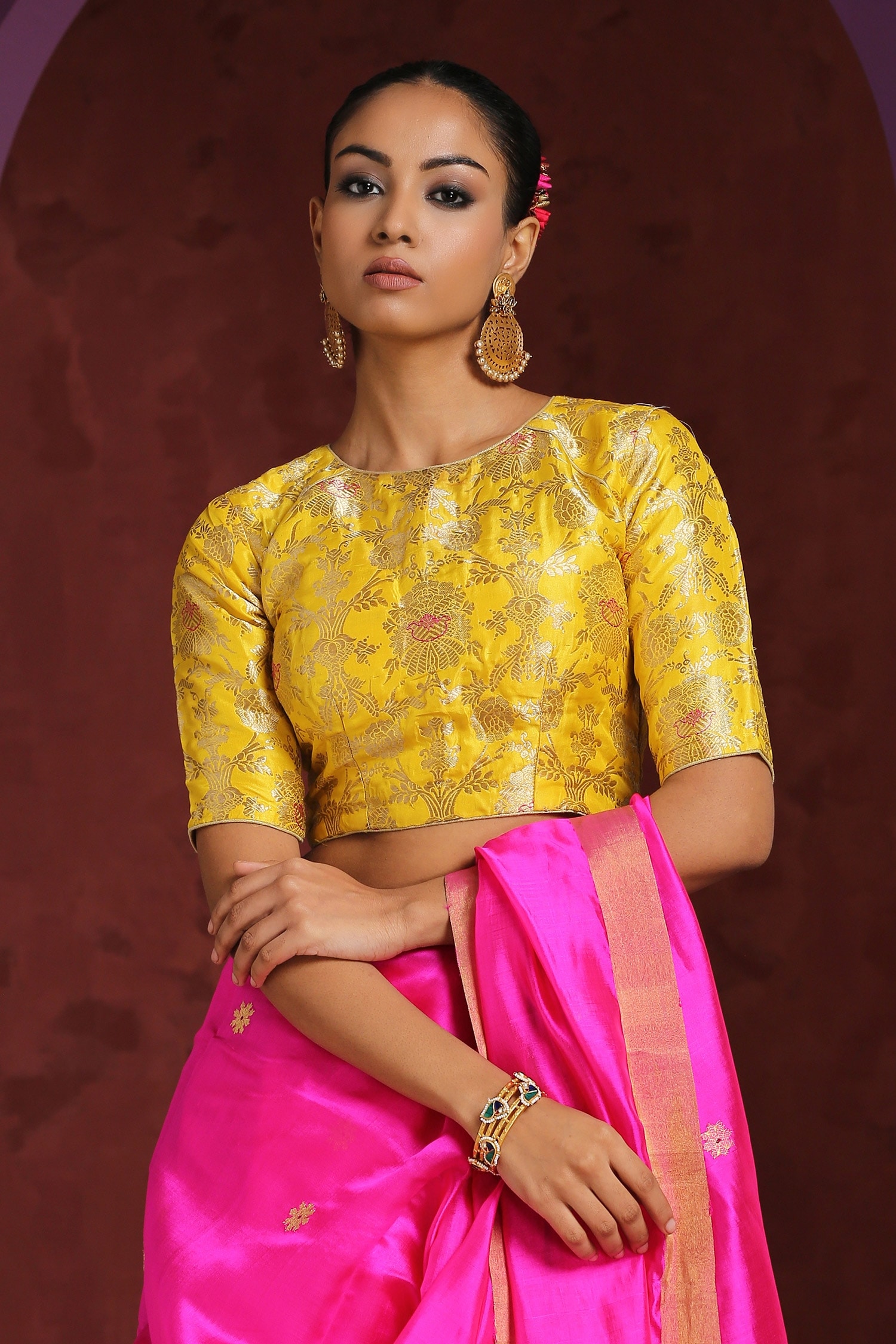 Buy Yellow Katan Silk Woven Round Floral Motifs Blouse For Women By