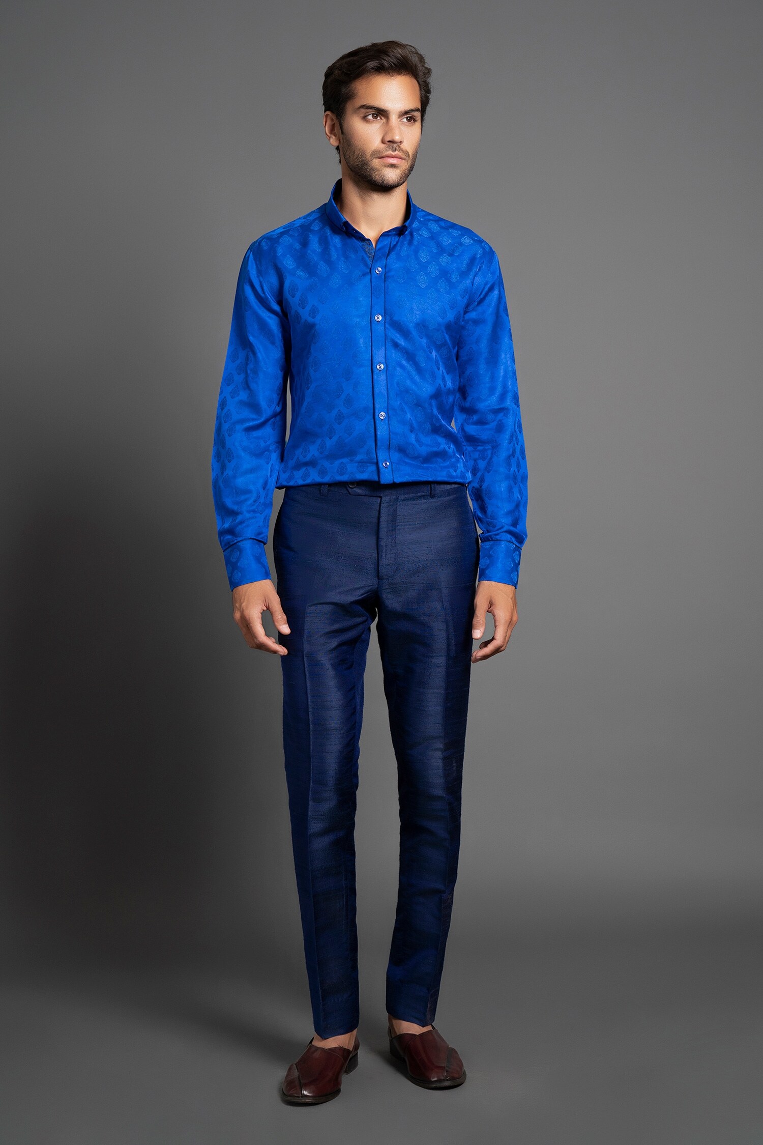 Buy Raghavendra Rathore Jodhpur Blue Tanchoi Floral Woven Shirt Online ...