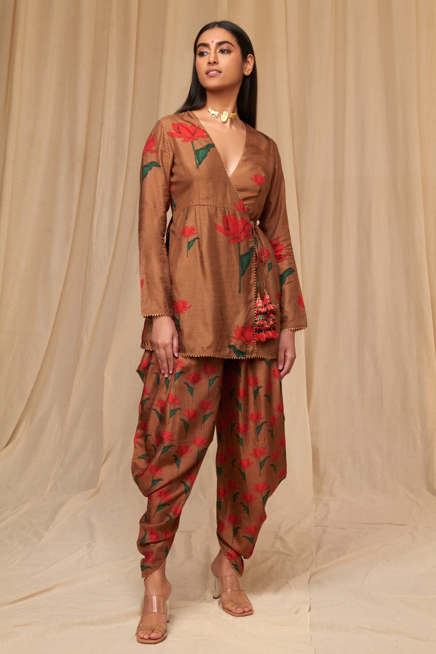 Buy Masaba Brown Raw Silk Wine Garden Print Angrakha Set Online | Aza ...