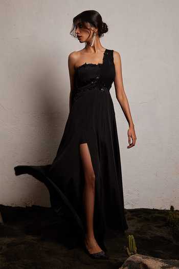 Buy Black Crepe Embroidery Bugle Beads And Sequin One Butterfly Gown ...