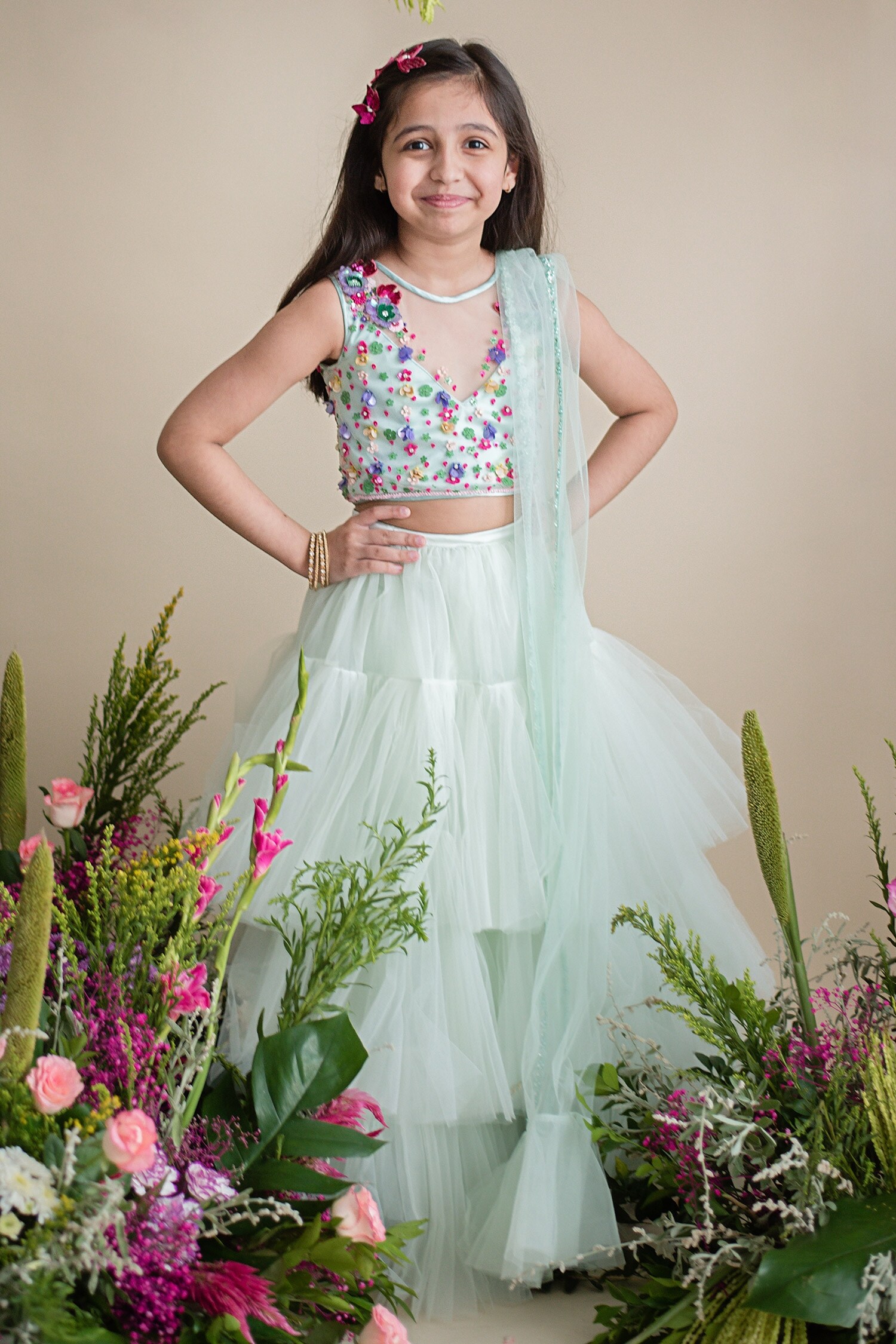 Buy Green Tulle Embroidery Applique Layered Lehenga Set For Girls by ...