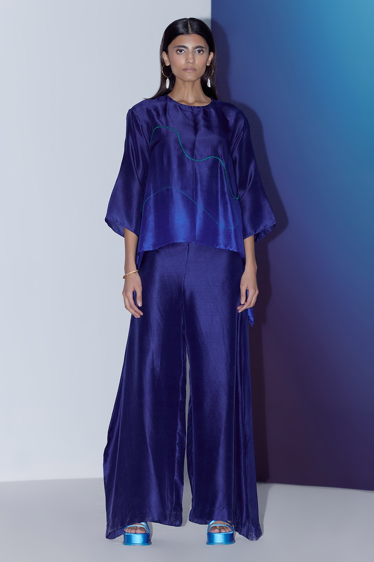 Buy Blue Embellished Thread Work Round Ombre Embroidered Top For Women ...