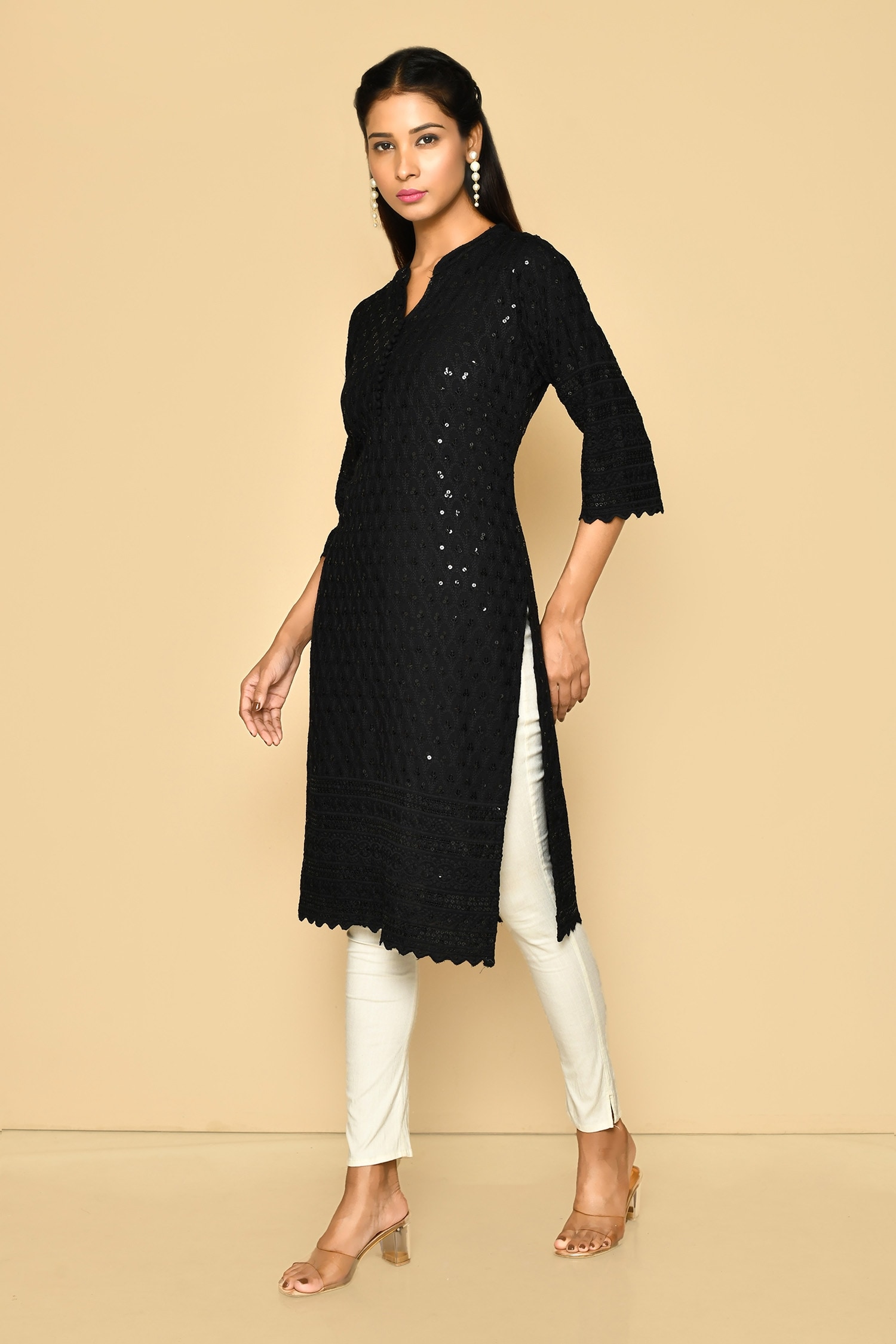 Buy Black Cotton Embroidered Chikan Notched Neck Kurta For Women by ... Buy Black Cotton Embroidered Chikan Notched Neck Kurta For Women by ...