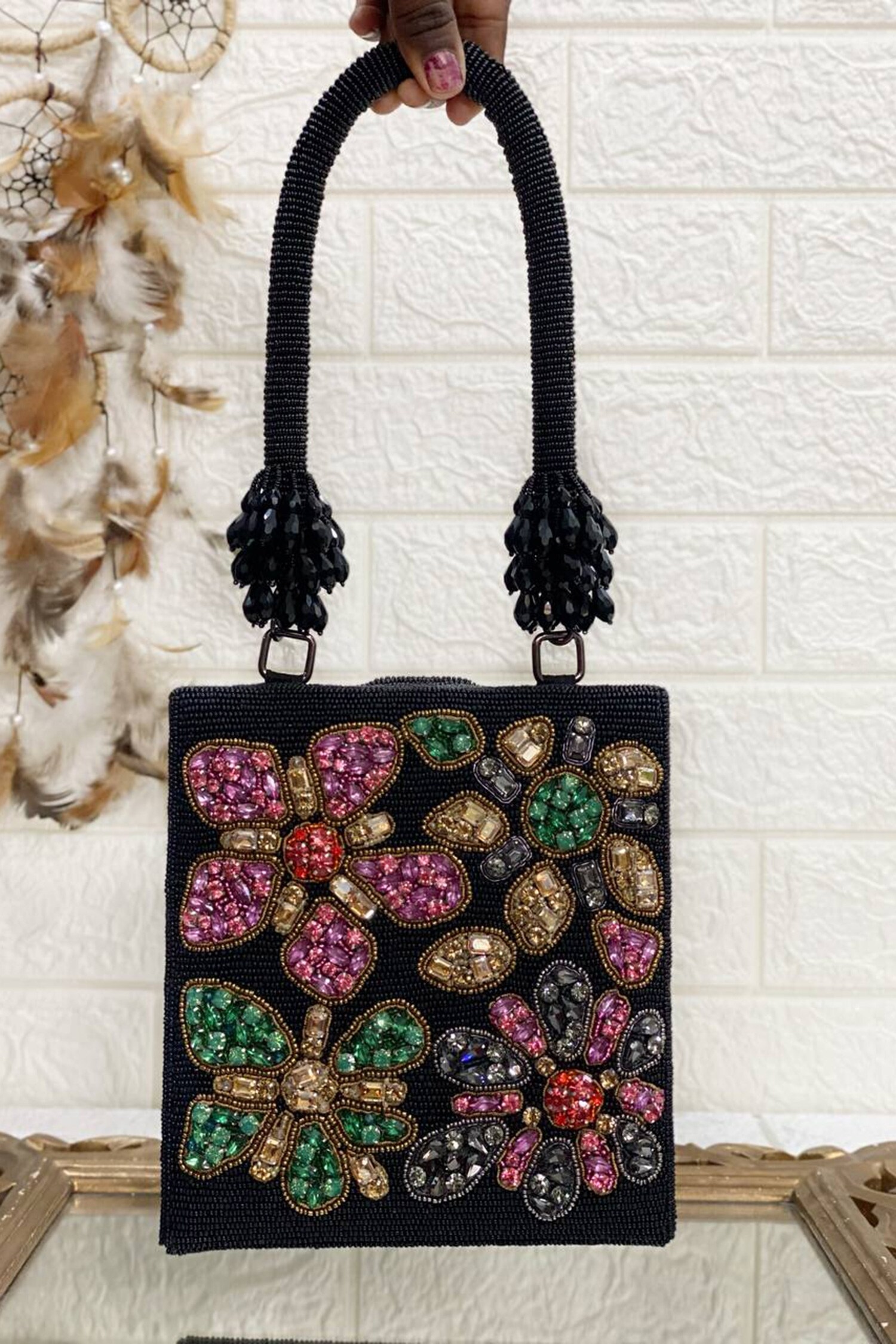 Buy Black Embellished Floral Rhinestone Bag by Kainiche by Mehak Online ...