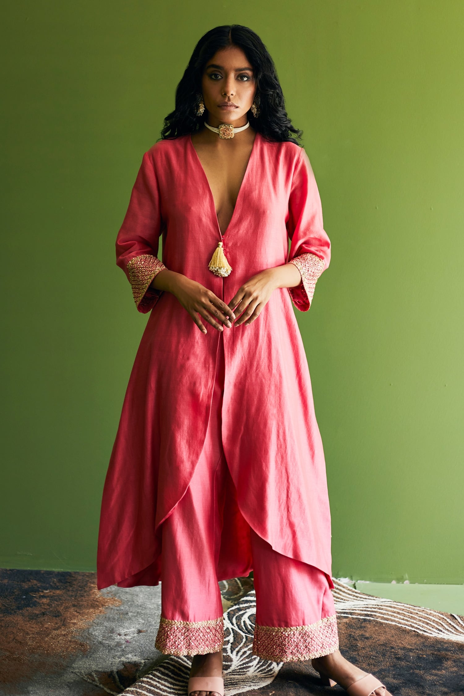 Buy Peach Silk Chanderi Embroidered Sequin Deep Jacket Kurta And Pant ...