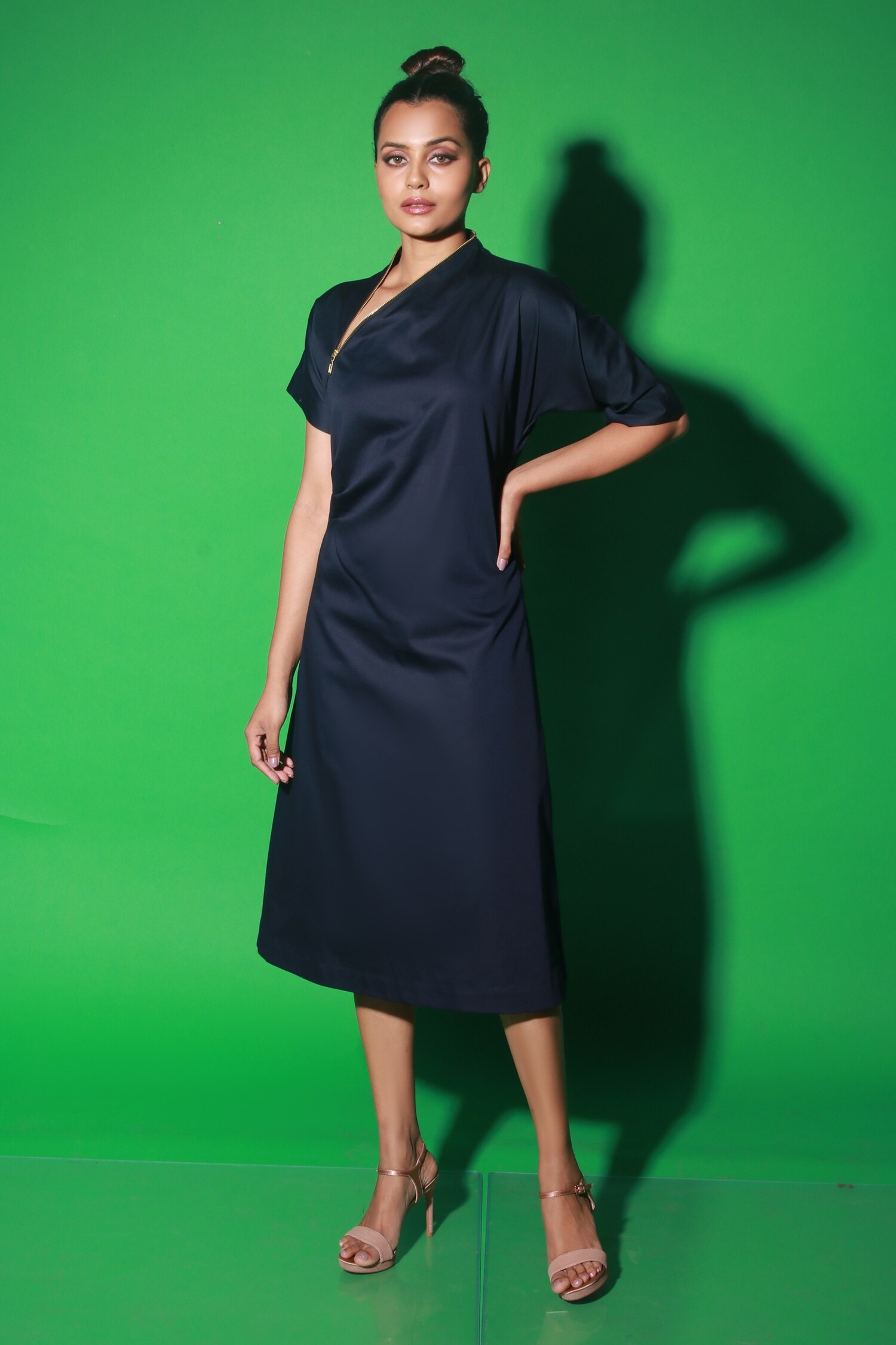 Buy Blue Cotton Blend Solid Asymmetric Angular Zip Neckline Midi Dress ...