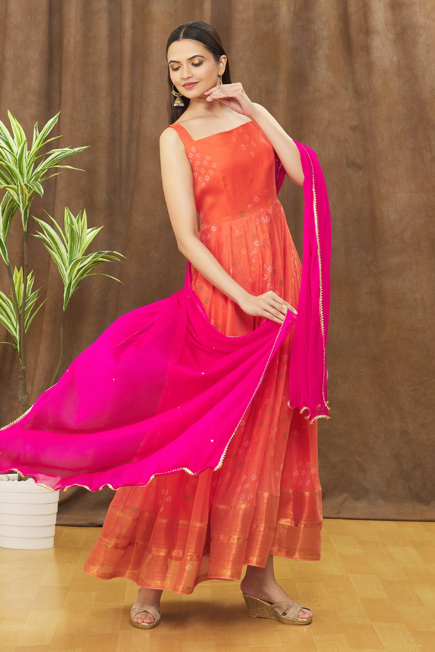 Buy Orange Chiffon Bandhani Square Neck Pattern Anarkali With Dupatta ...