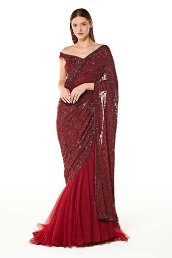 Buy Maroon Net Hand Embroidered Sequins Sairaa Lehenga Saree With ...