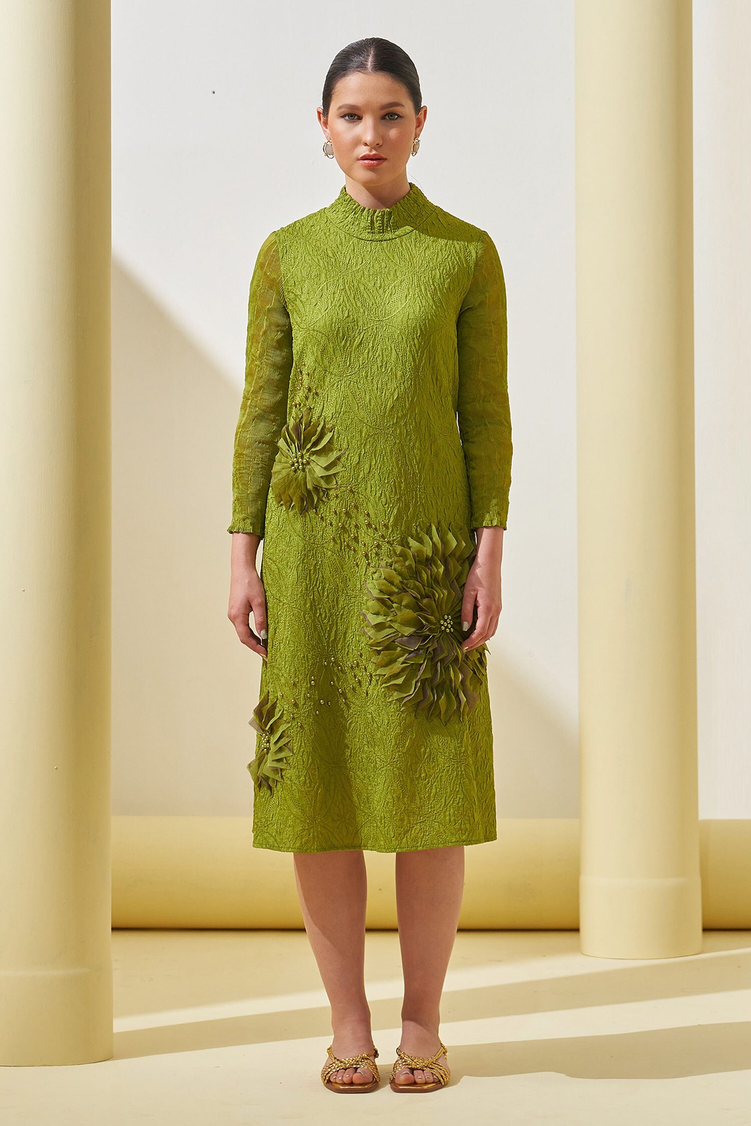 Buy Pleats By Aruni Green Polyester Base Bloom Flower Textured Dress ...