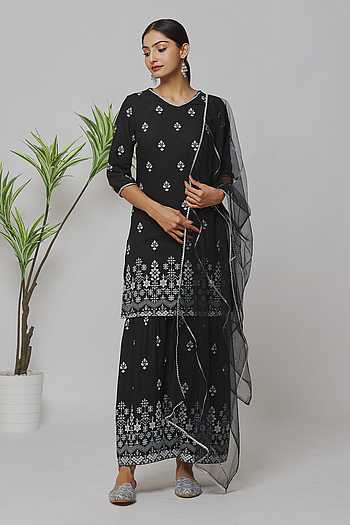 Buy Black Rayon Printed Floral Geometric And Gota Kurta Sharara Set For ...