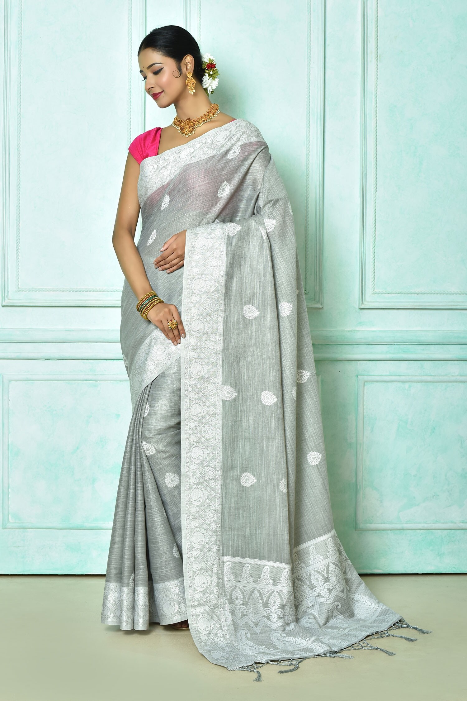 Buy Grey Soft Linen Woven Chikhankari Lucknowi Saree For Women by ...