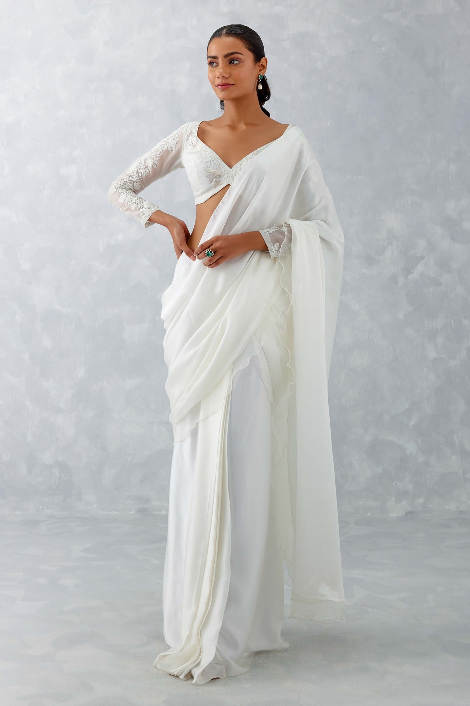 Buy Ivory Silk Satin Embroidery Thread And Frill Border Saree With ...