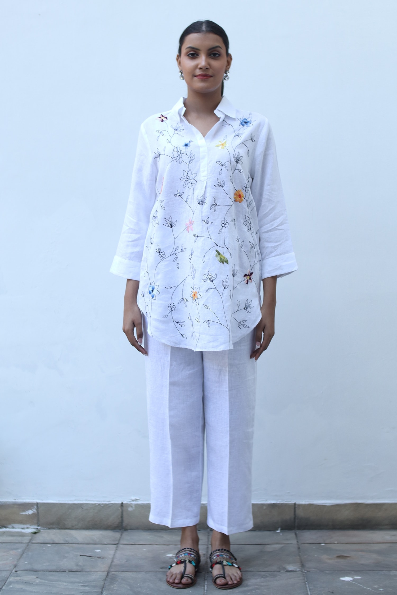 Buy Linen Bloom White Linen Floral Embroidered Shirt Online | Aza Fashions