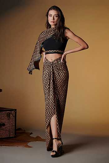 Buy Beige Poly Jersey And Faux Leather Print Geometric Fringe Hem Crop ...