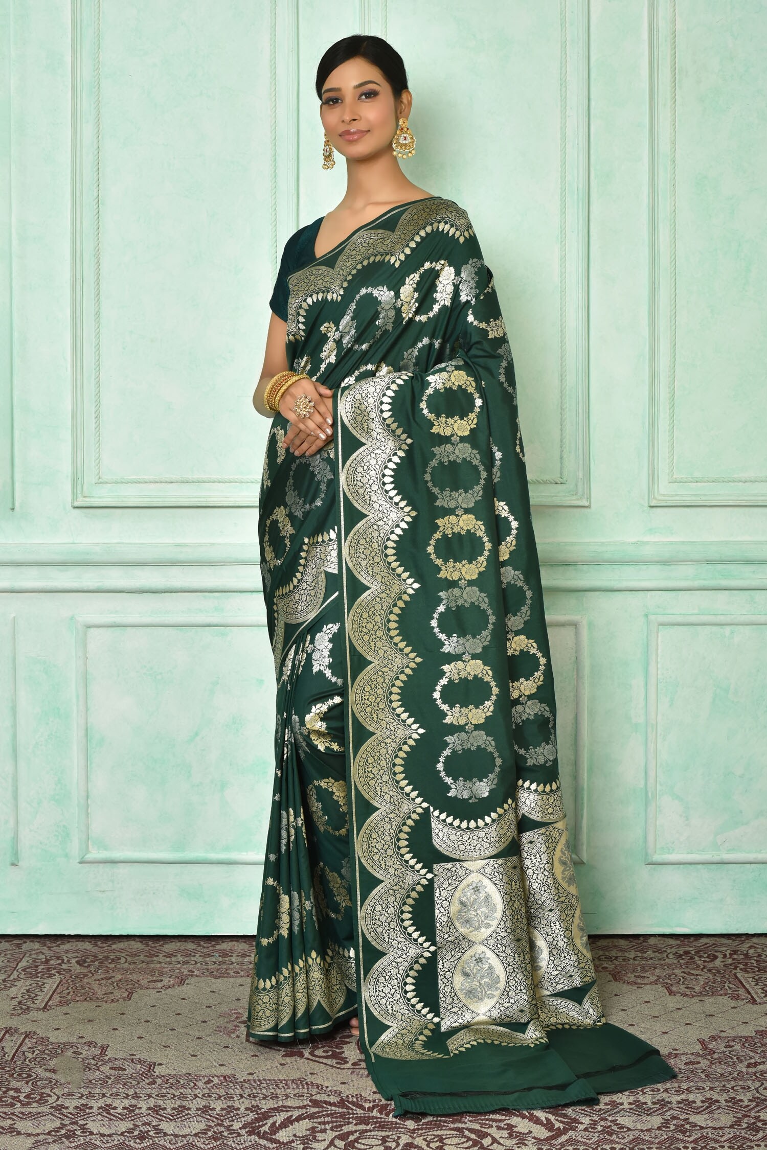 Buy Green Katan Silk Woven Floral Floret Saree With Running Blouse For