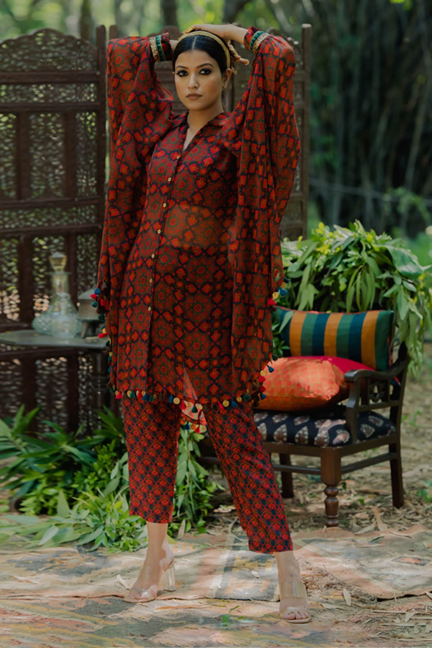 Buy Multi Color Print Mandala Collared Neck Asymmetric Kurta With Pant ...