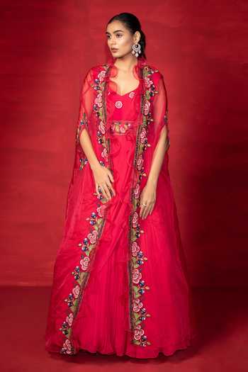 Buy Miku Kumar Georgette Embroidered Cape Saree Gown Set Online | Aza ...